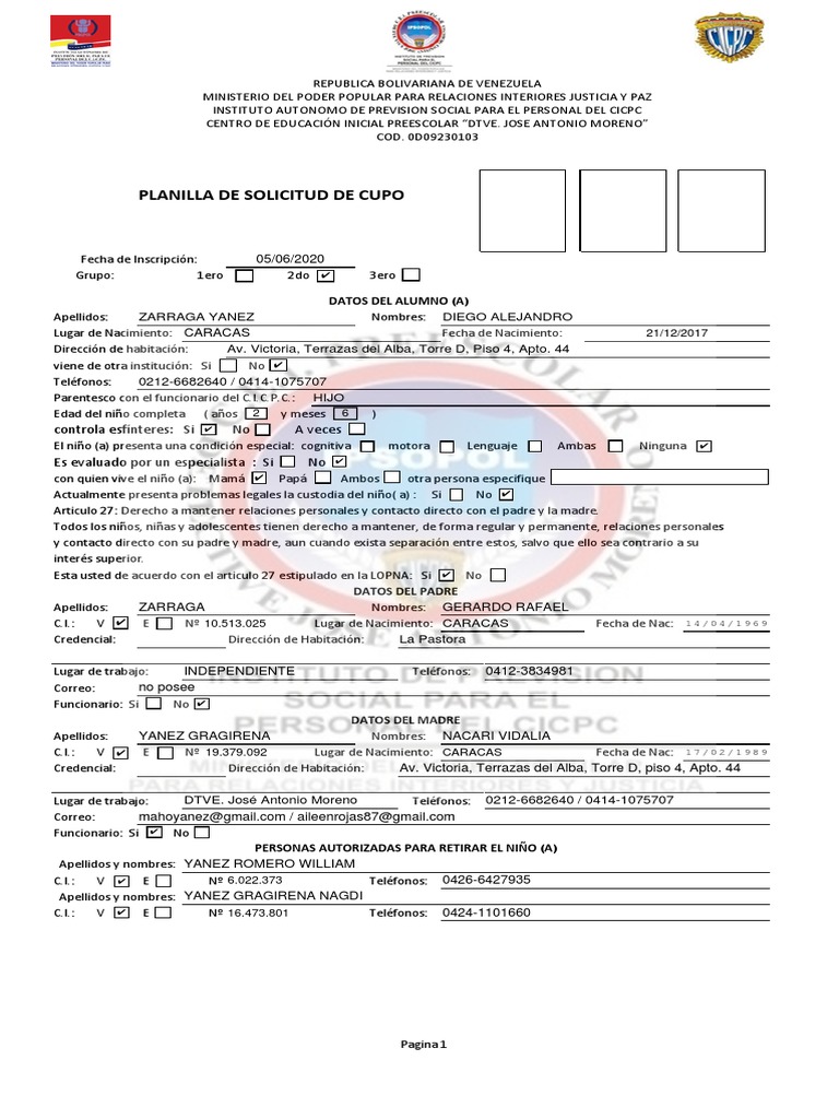 Planilla Solicitud de Cupo 2020 Diego Alejandro Yanez PDF | PDF | Educación de la primera ...