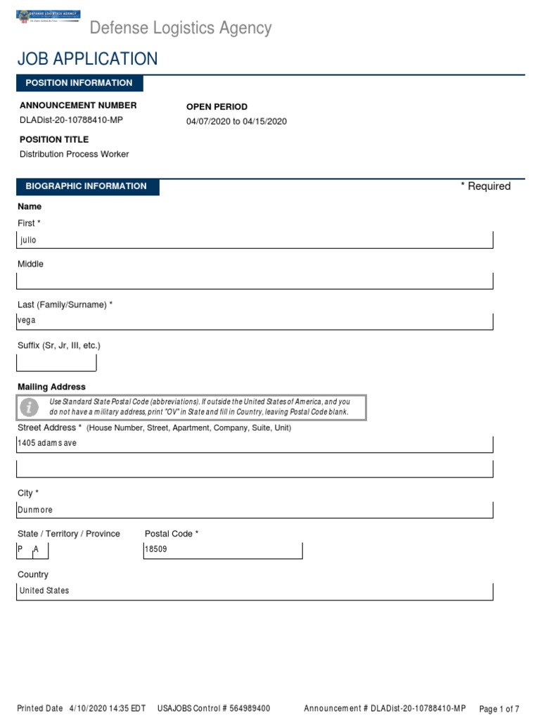 Defense Logistics Agency: Job Application | Download Free PDF ...