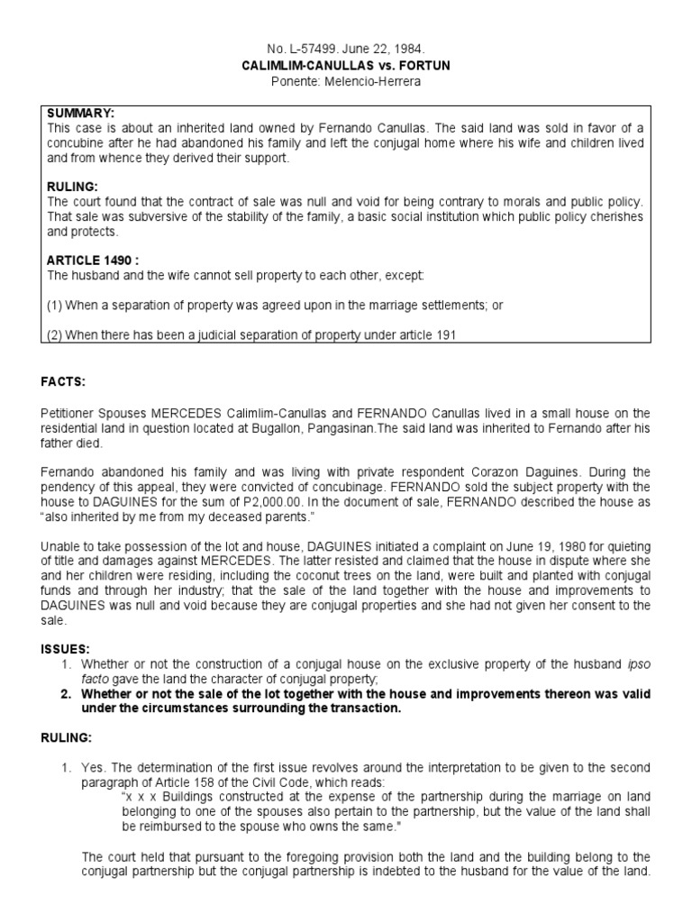 Calimlim-Canullas vs. Fortun | PDF | Public Policy Doctrine | Marriage