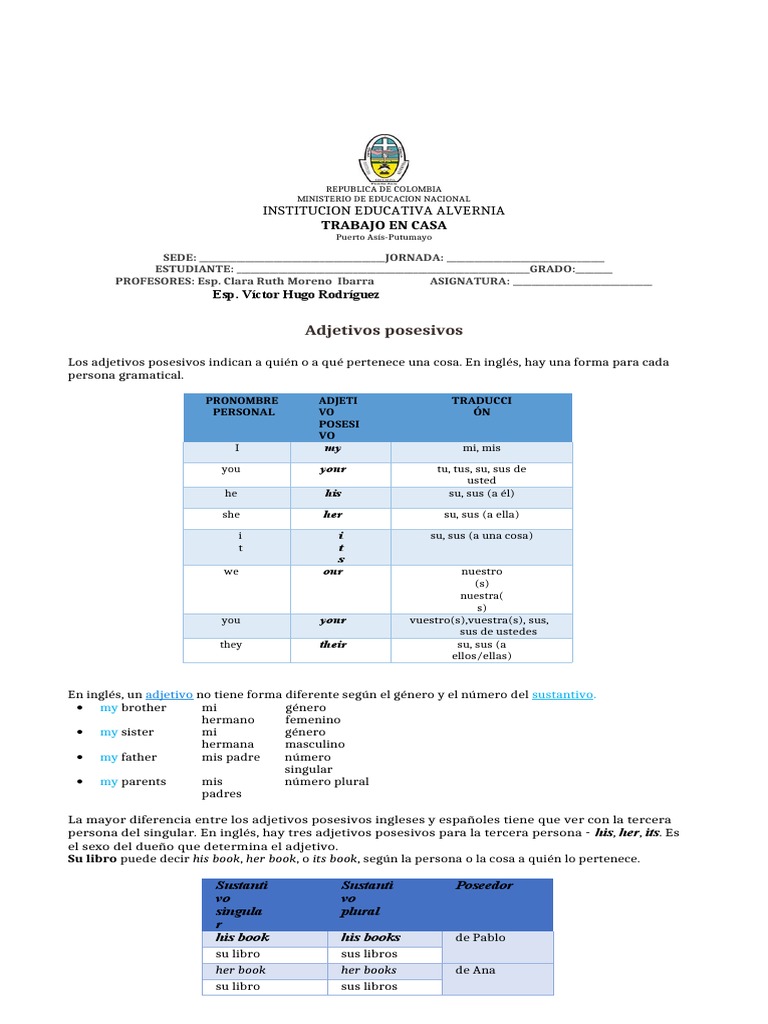 Possessive Adjectives Homework #3 | PDF | Género gramatical | Adjetivo