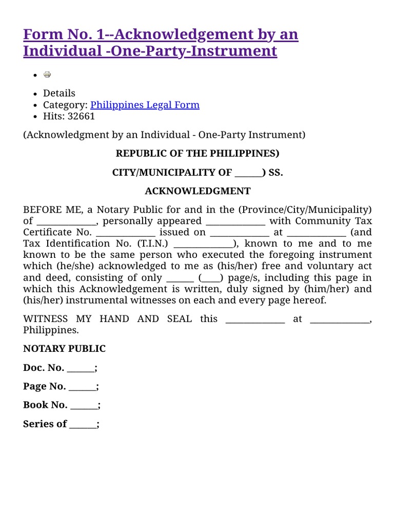 Form No. 1 - Acknowledgement by An Individual - One-Party-Instrument ...