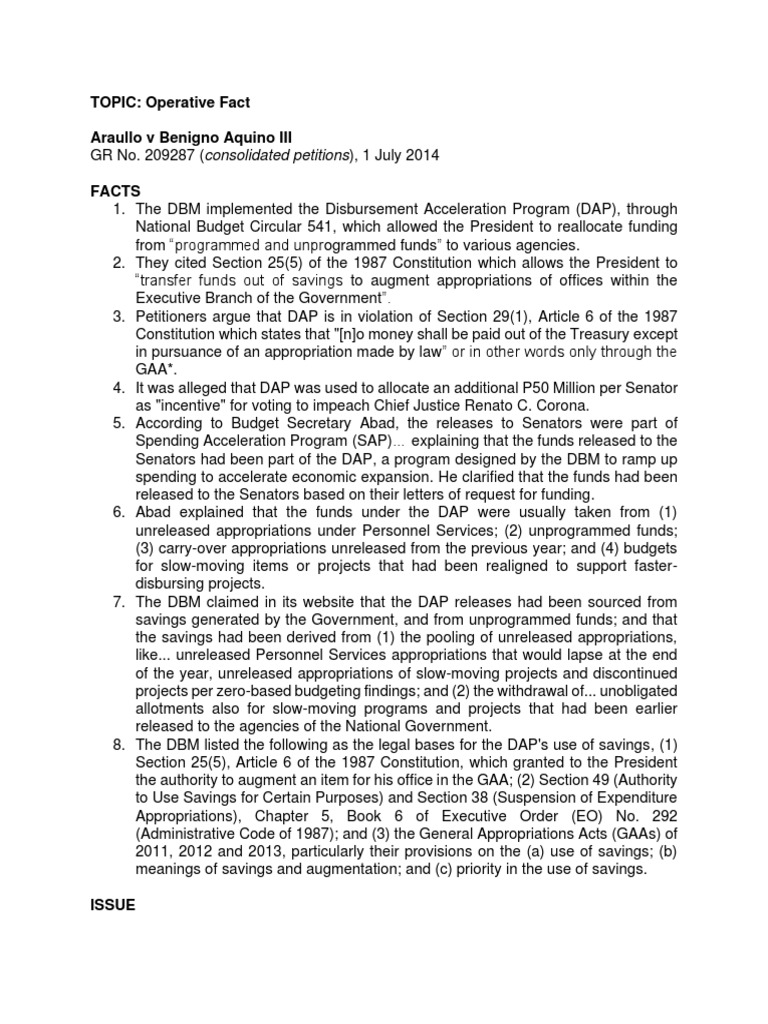 Araullo V Aquino, Operative Fact PDF | PDF | Constitutionality ...