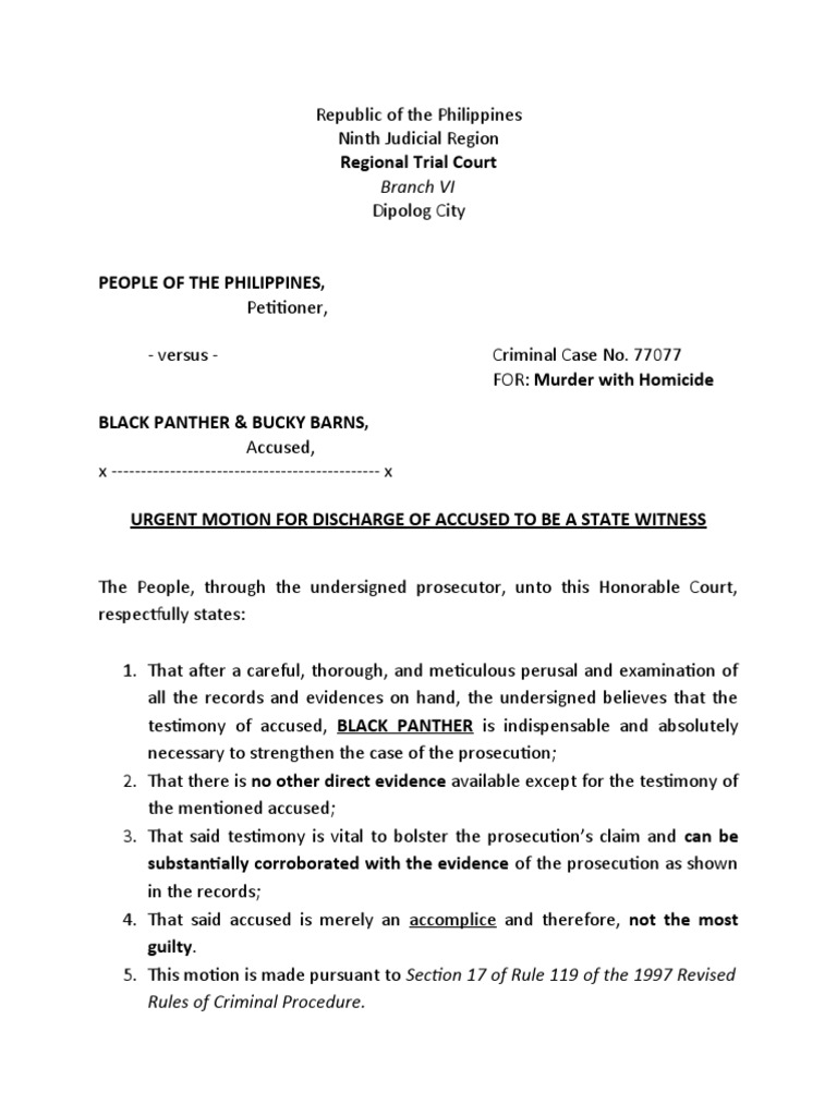 Discharge Motion for State Witness | PDF | Criminal Procedure In South ...