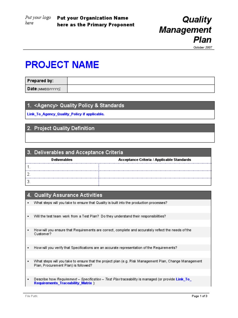 Quality Management Template Quality Management Plan How To Create