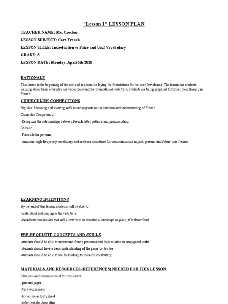Intro to French Verb Faire for Grade 8 | PDF | Differentiated ...