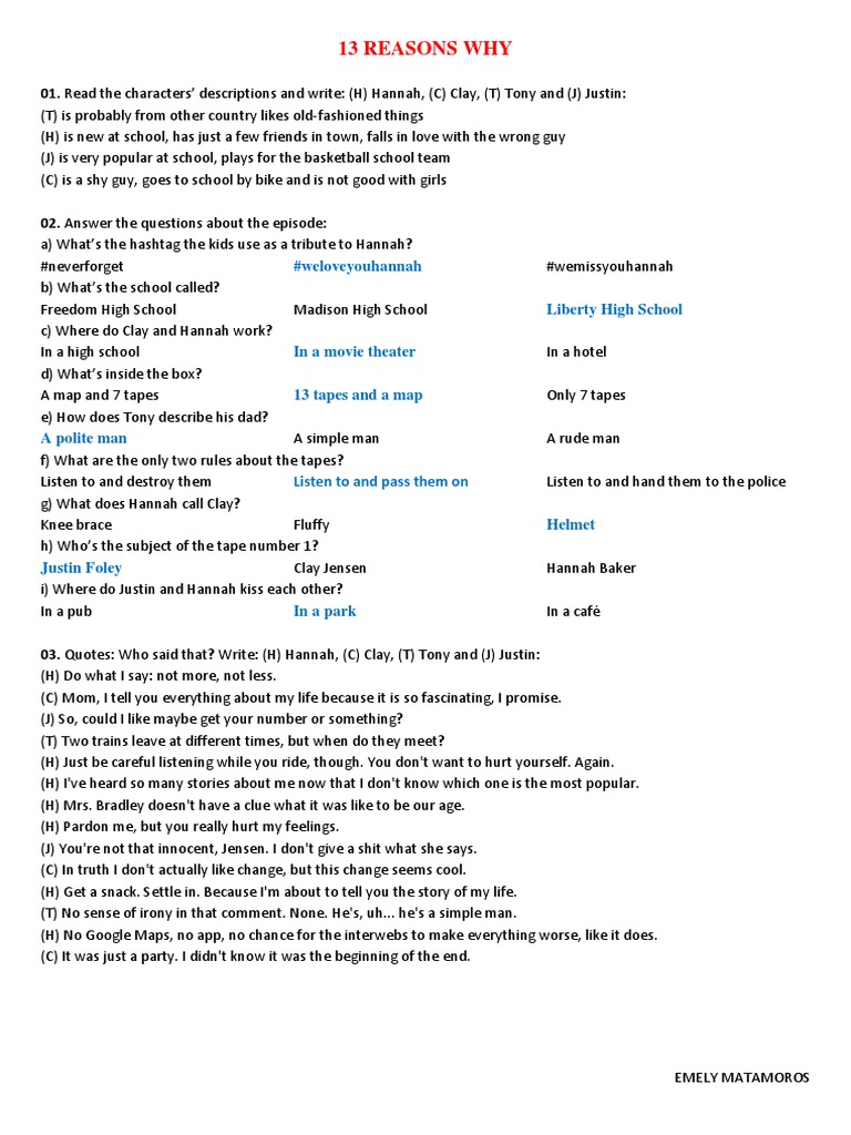 13 Reasons Why: 01. Read The Characters' Descriptions and Write: (H ...