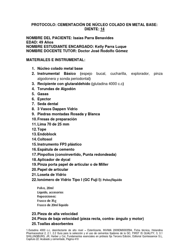 Protocolo de Cementacion de Nucleo Colado PDF | PDF | Materiales | Productos quimicos