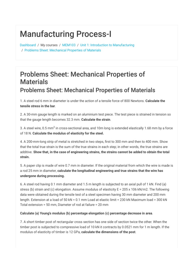 MEM103 - Problems Sheet - Mechanical Properties of Materials - Problems Sheet - Mechanical ...