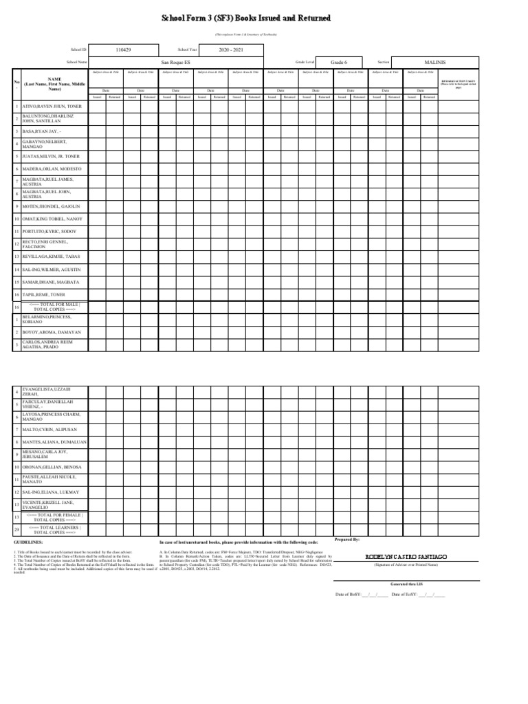 School Form 3 (SF3) Books Issued and Returned: 110429 2020 - 2021 San ...