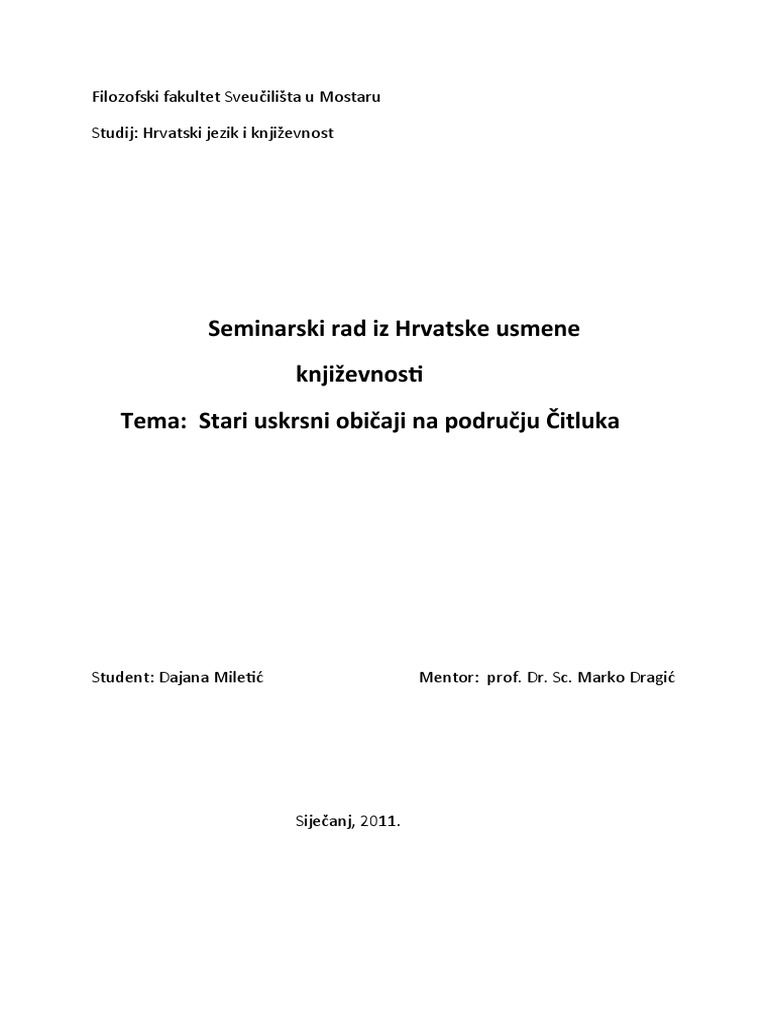 Usmena Književnost, Seminarski Rad | PDF
