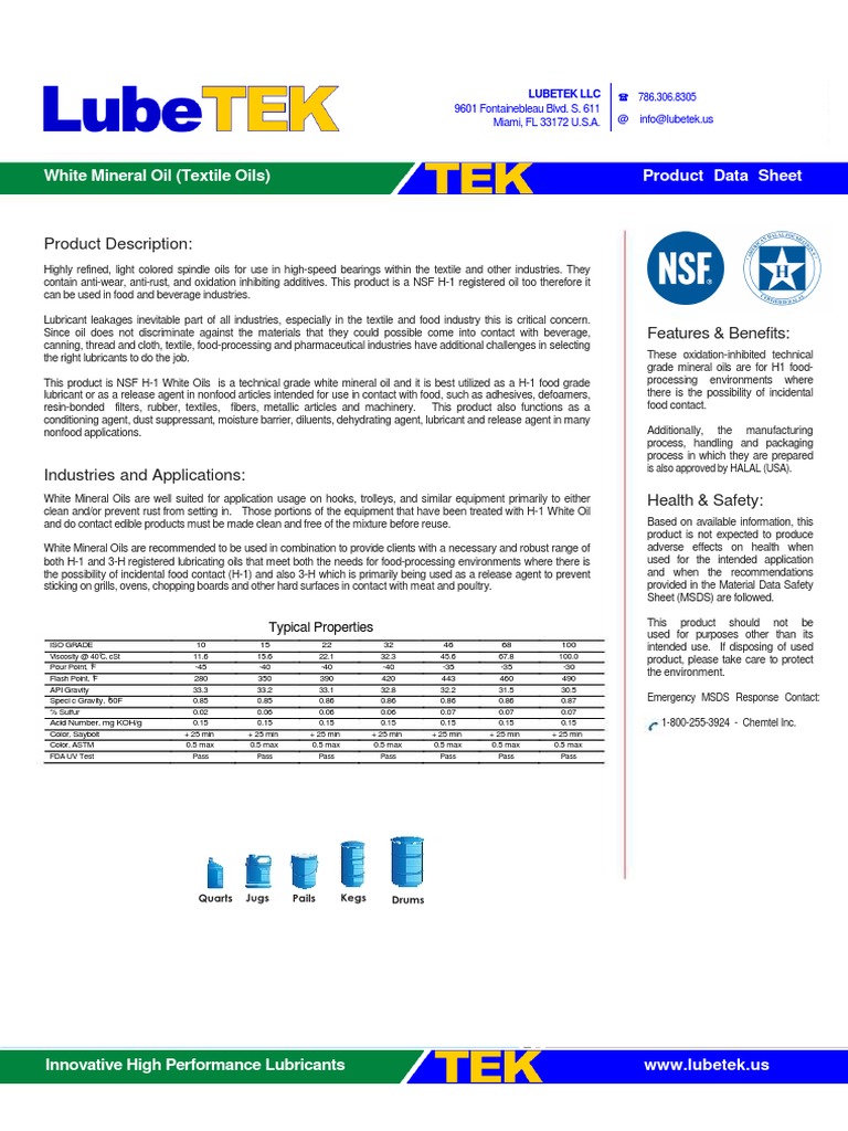 White Mineral Oil (Textile Oils) Product Data Sheet | PDF | Lubricant ...