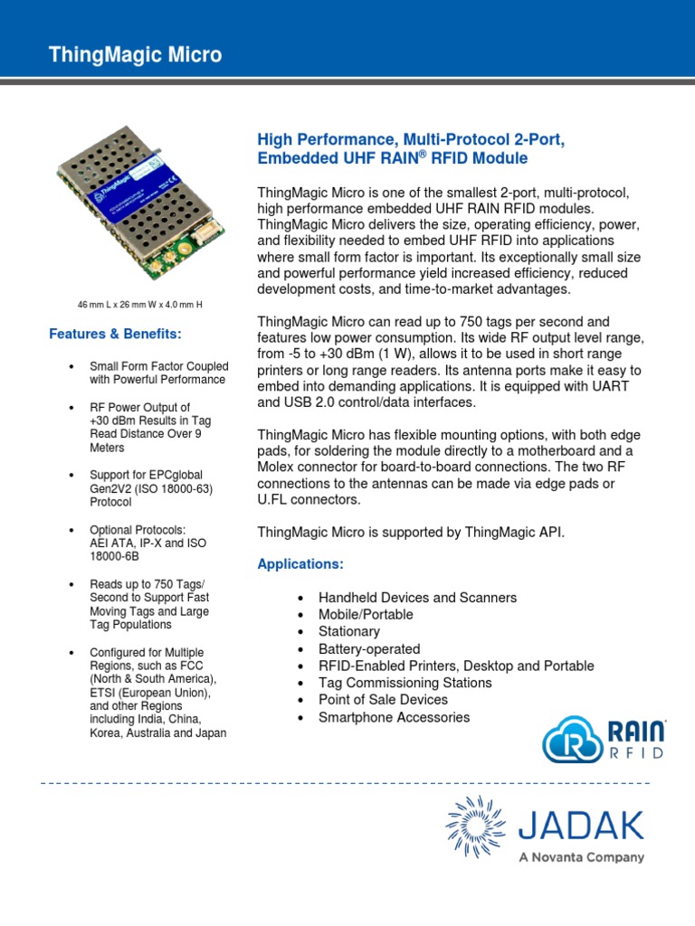 Micro Spec Sheet 12152017 | PDF | Radio Frequency Identification | Usb