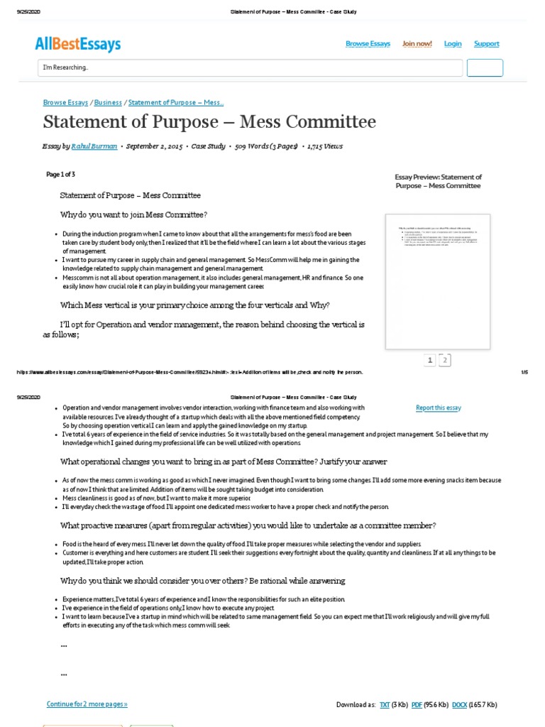 Statement of Purpose - Mess Committee - Case Study | PDF | Business
