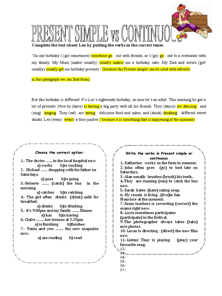 Present Simple Vs Present Continuous Exercises Present Simple Vs