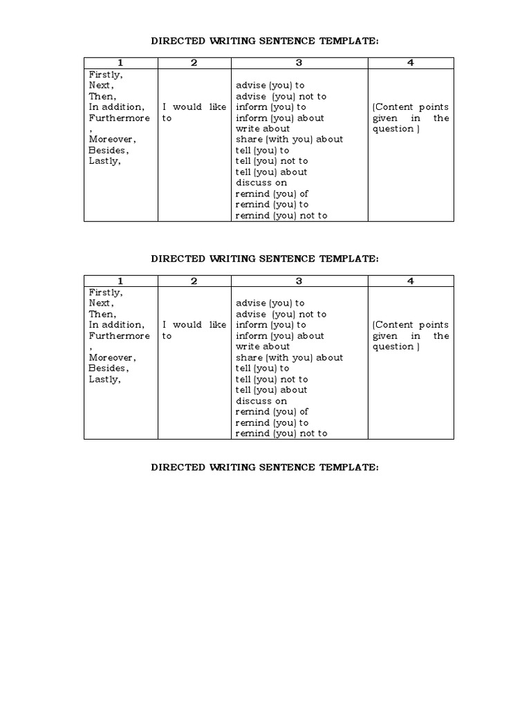 Directed Writing Sentence Template | PDF