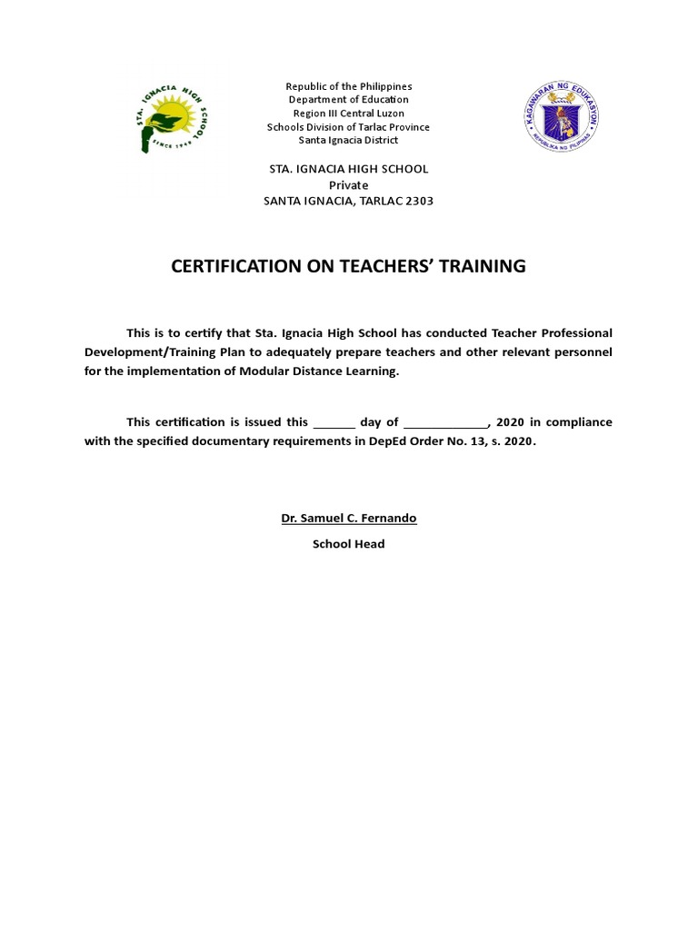 Certification On Teachers' Training: Sta. Ignacia High School Private ...