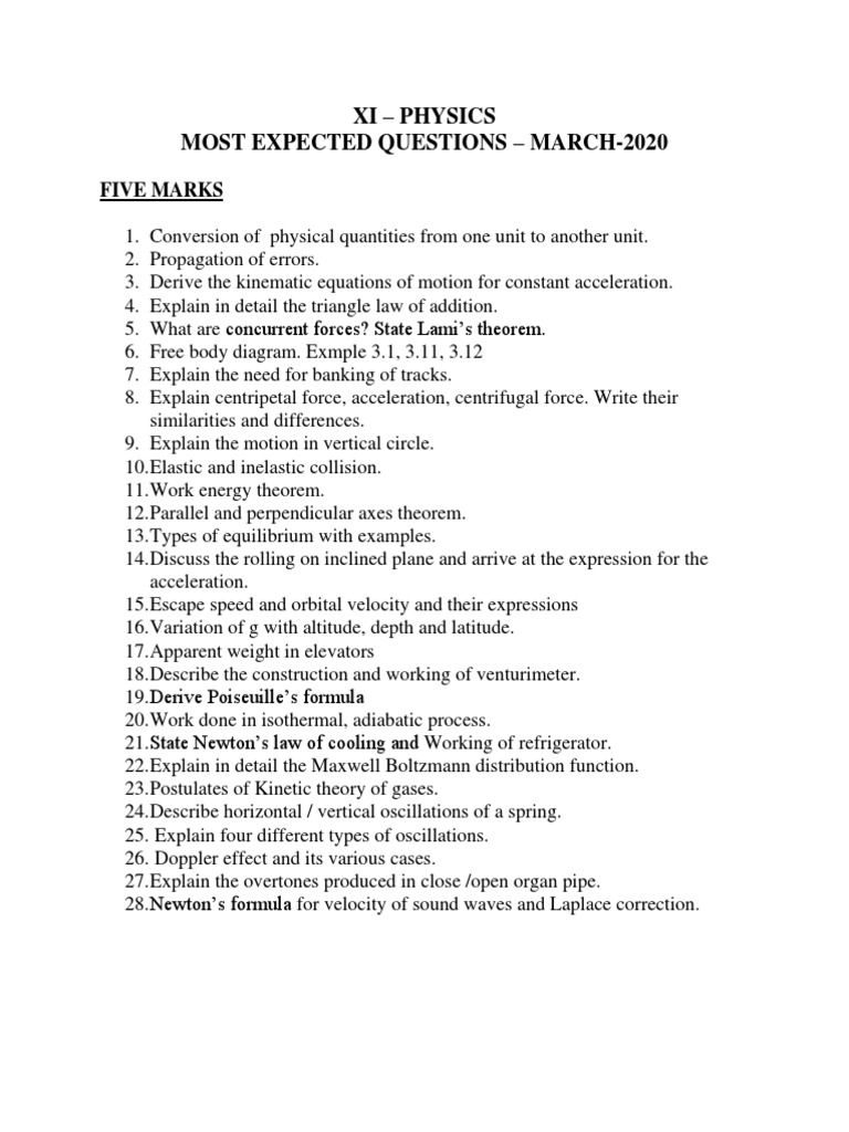 Physics Most Expected Questions 2020 | PDF | Velocity | Acceleration