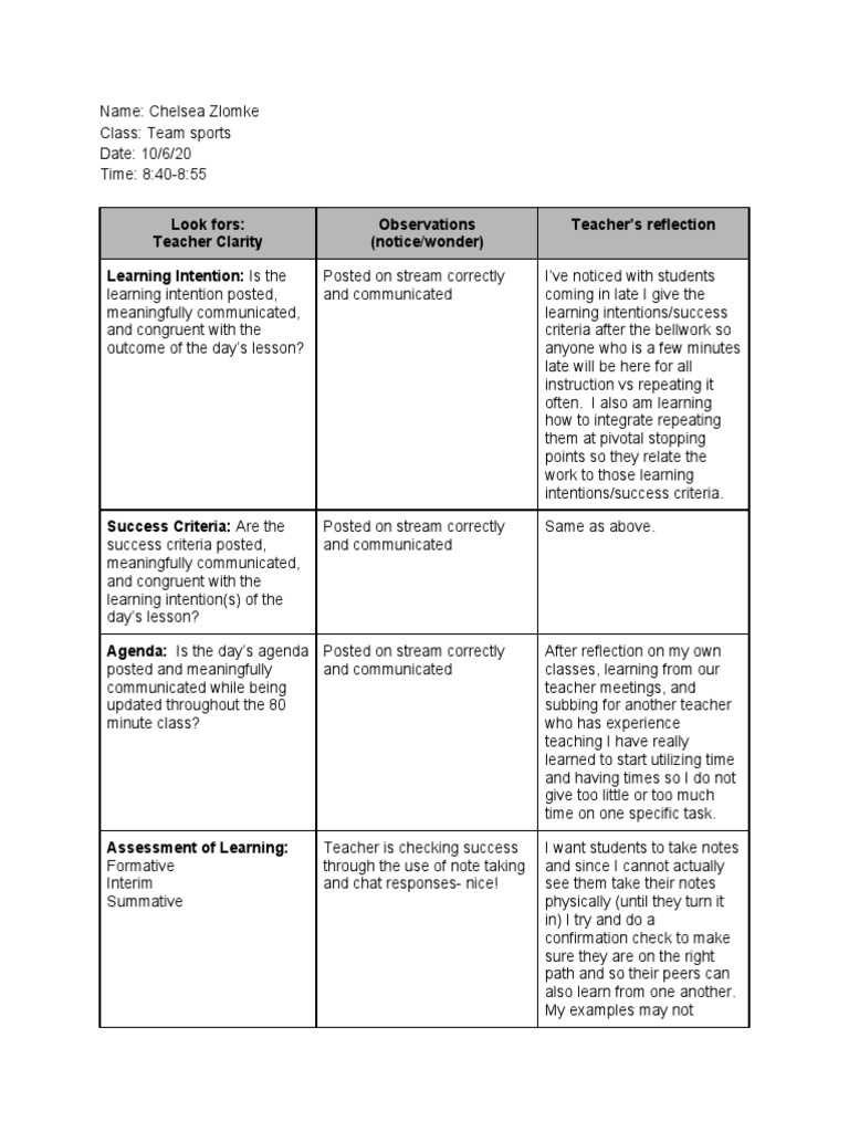 Chelsea Zlomke 10 6 20 Walk Through Informal Sheet | PDF | Learning ...