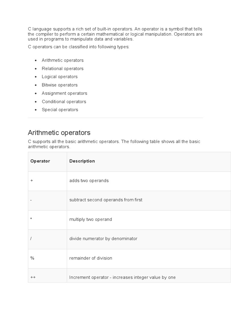 Operators In C Program Pdf C Programming Language Notation