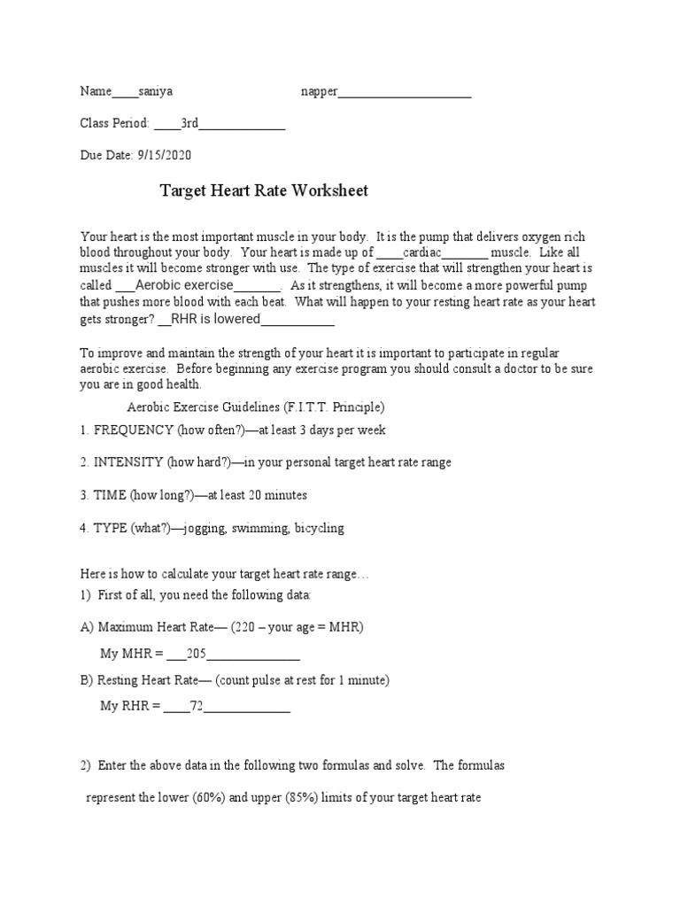 Target Heart Rate Worksheet: Aerobic Exercise RHR Is Lowered | PDF ...