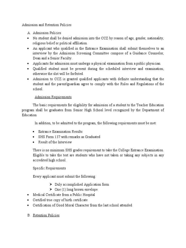 Admission and Retention Policies | PDF | University And College ...