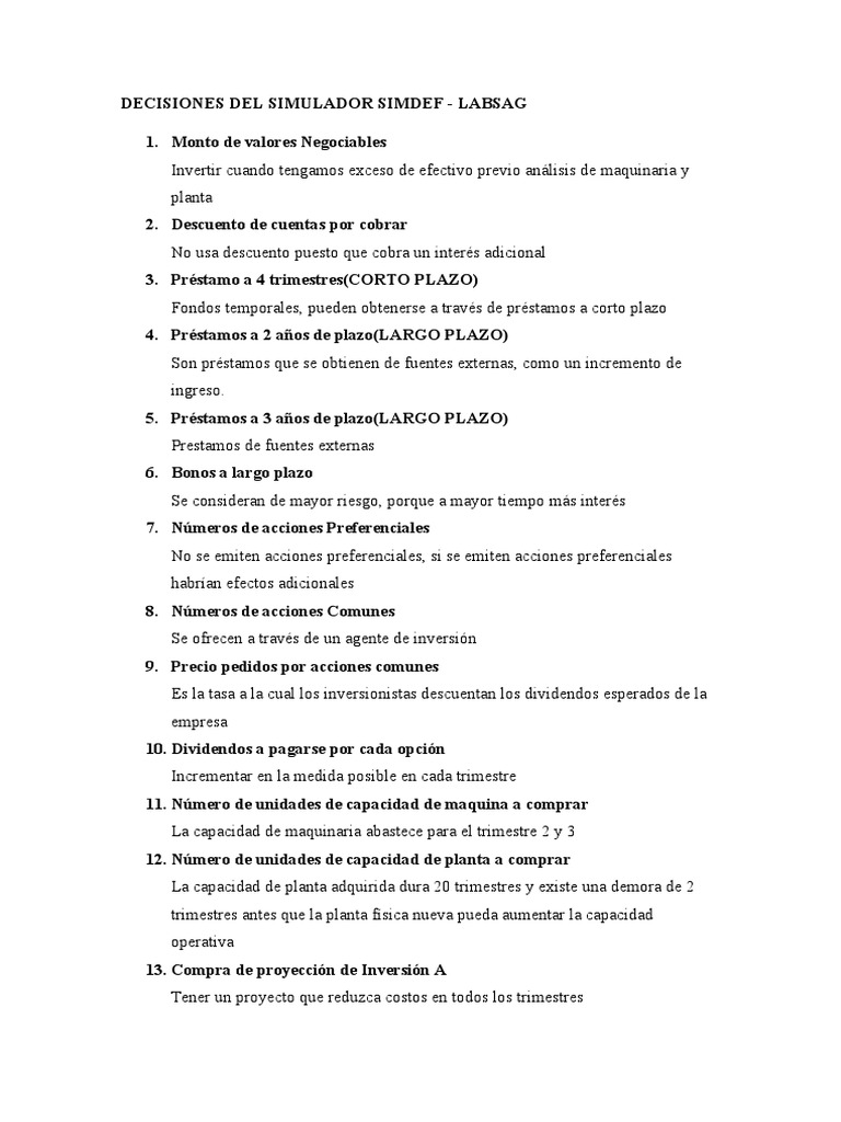 Decisiones Del Simulador Labsag | PDF