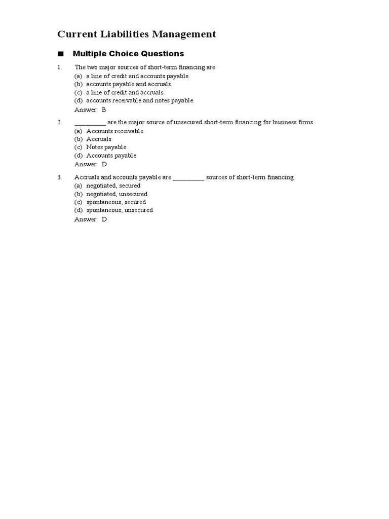 Current Liabilities Management: Multiple Choice Questions | PDF | Loans ...