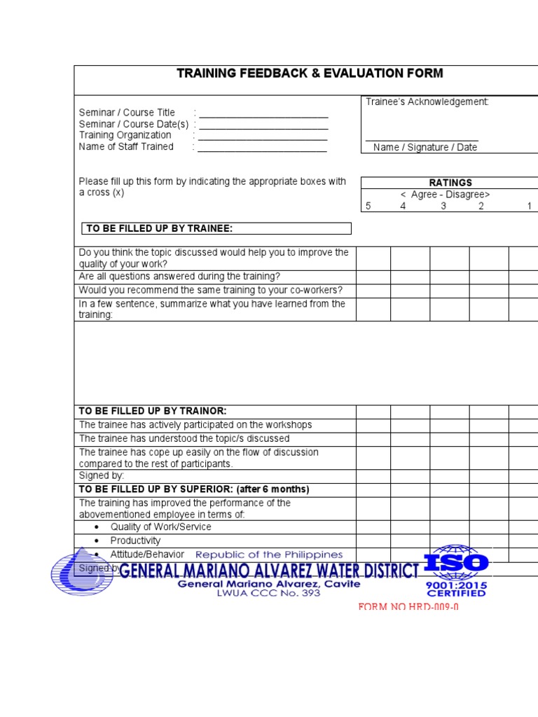 Training Feedback & Evaluation Form: Ratings | PDF