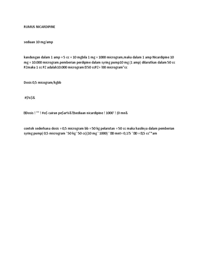 Rumus Dosis Nicardipine untuk Syringe Pump | PDF