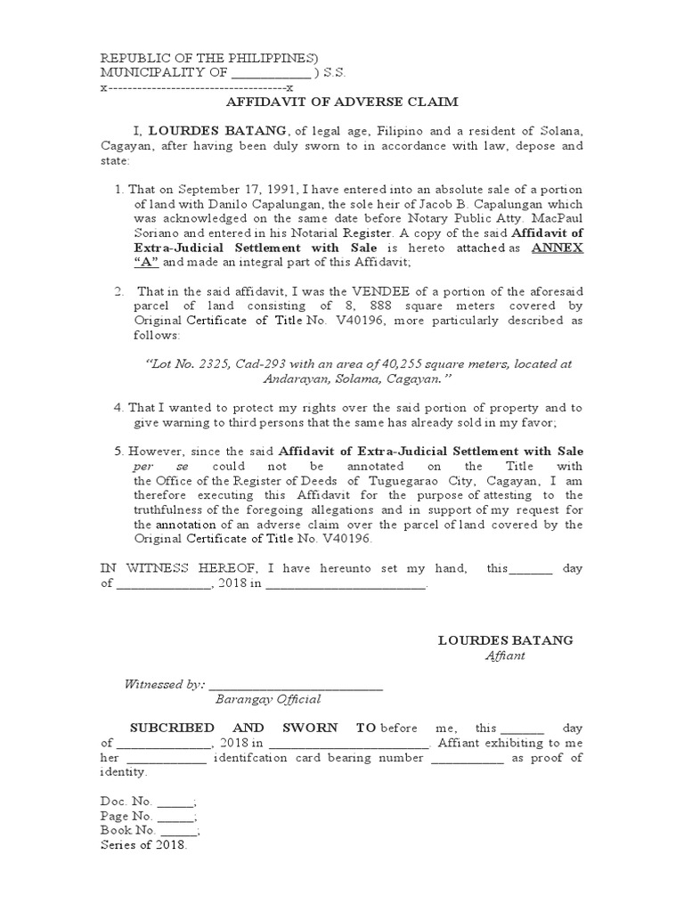 Affidavit of Adverse Claim on Land | PDF | Law