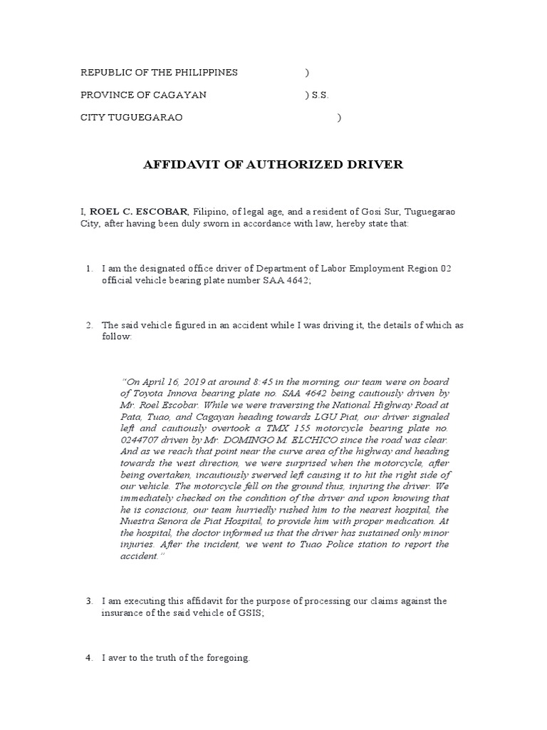 Affidavit of Authorized Driver | PDF | Affidavit | Land Transport