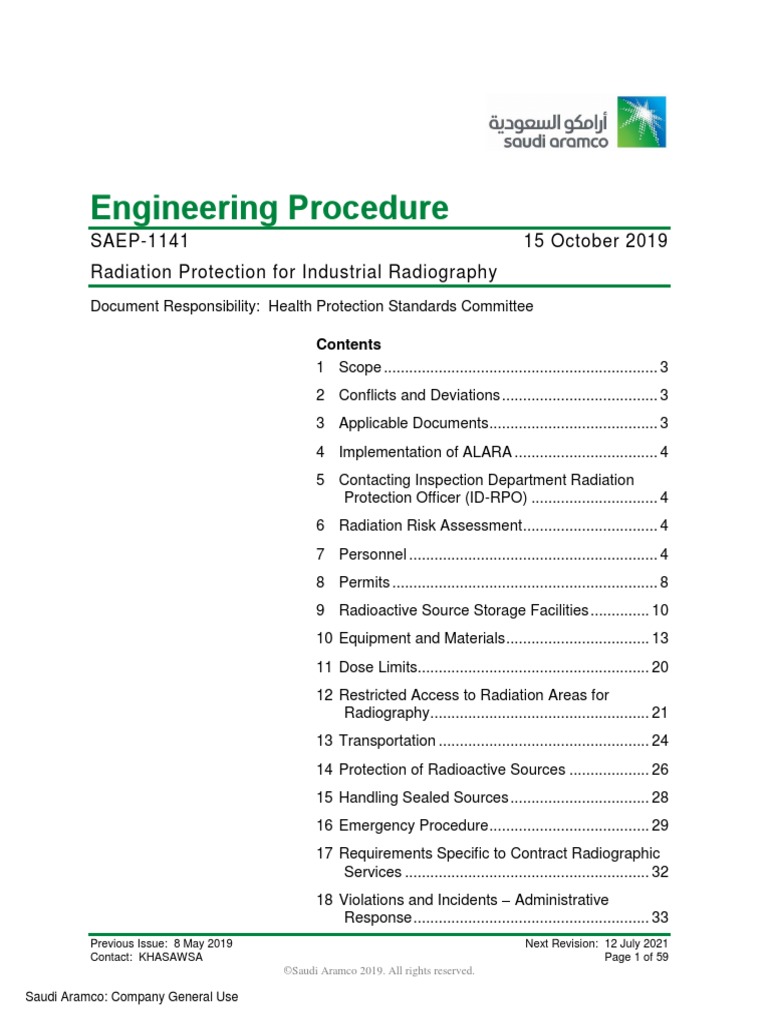 Aramco Radiation Safety Proceudre SAEP-1141 (2019 Rev) PDF | PDF | Ionizing Radiation | Radiography