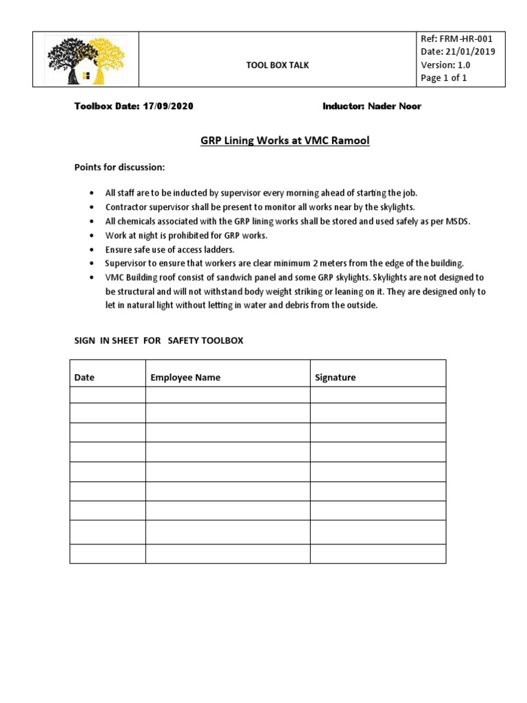 GRP Lining Safety Toolbox Talk | PDF