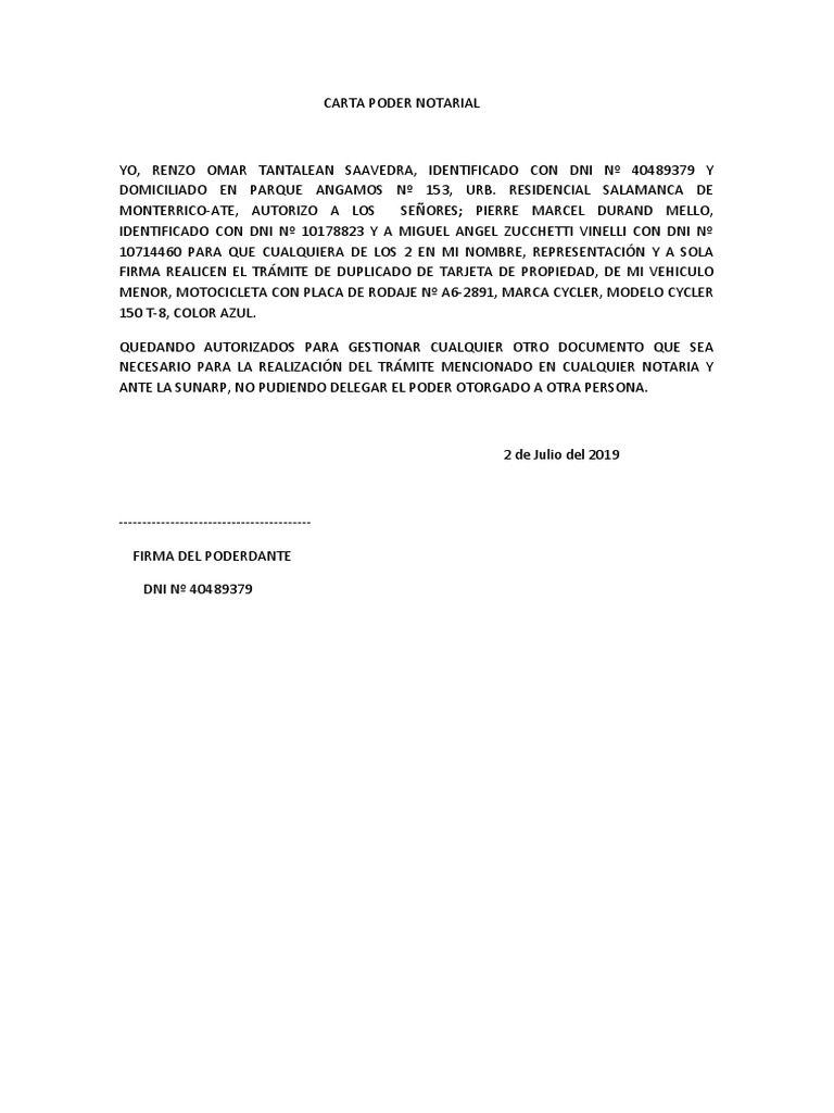 Carta Poder Notarial Tacuchon (1) 111 | PDF