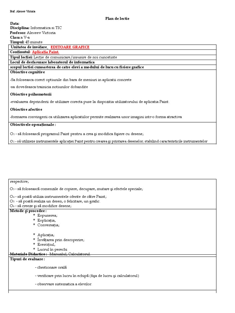Plan Lectie Paint Sem1 cl5 | PDF