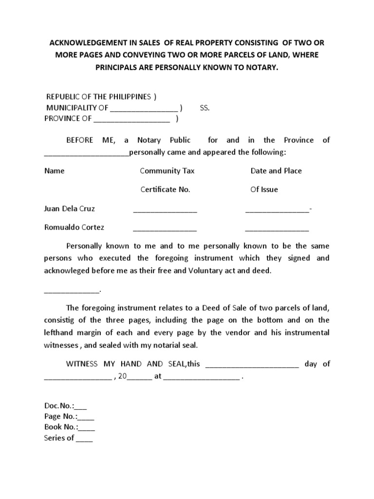 Acknowledgement in Sales of Real Property Consisting of Two or More ...