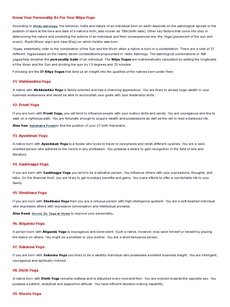 Personality As Per 27 Nitya (Birth) Yogas in Vedic Astrology PDF | PDF | Lifestyle