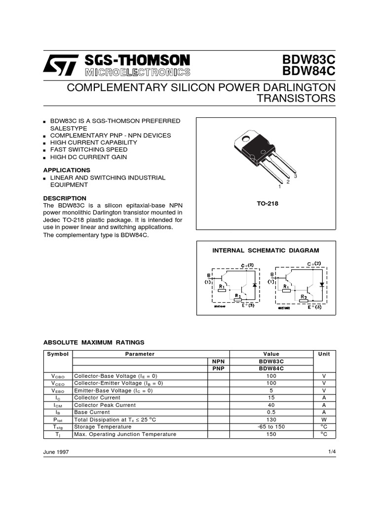 Complementary Silicon Power Darlington Transistors: BDW83C BDW84C | PDF | Bipolar Junction ...