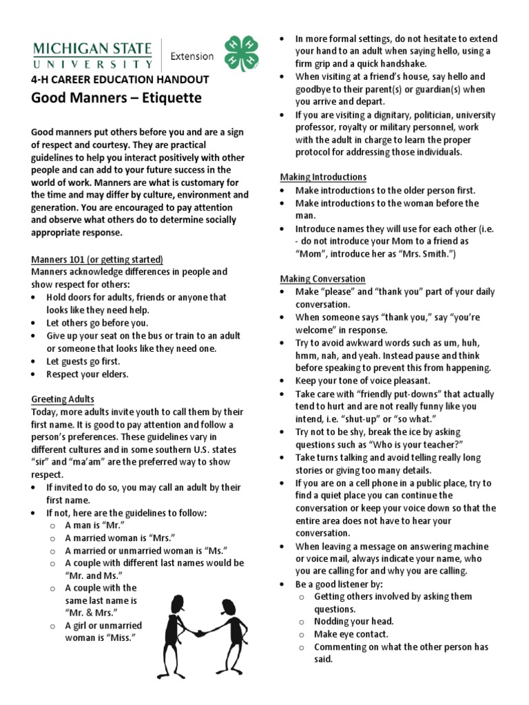 Good Manners - Etiquette: 4-H Career Education Handout | PDF ...