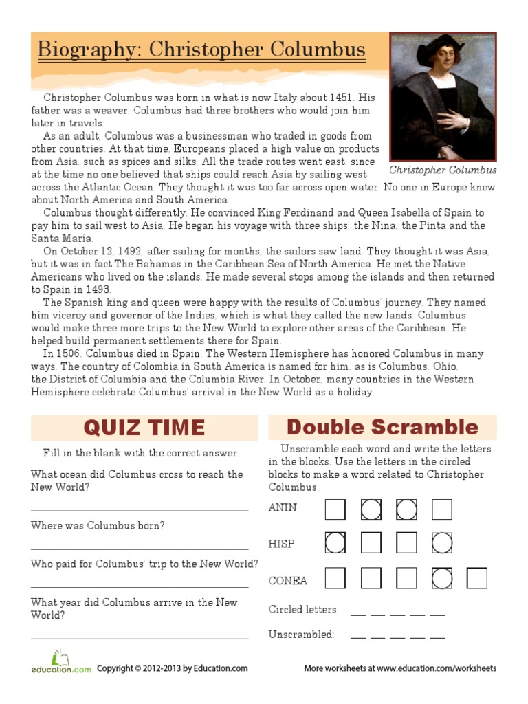 Christopher Columbus Biography Worksheet PDF | PDF | New World ...