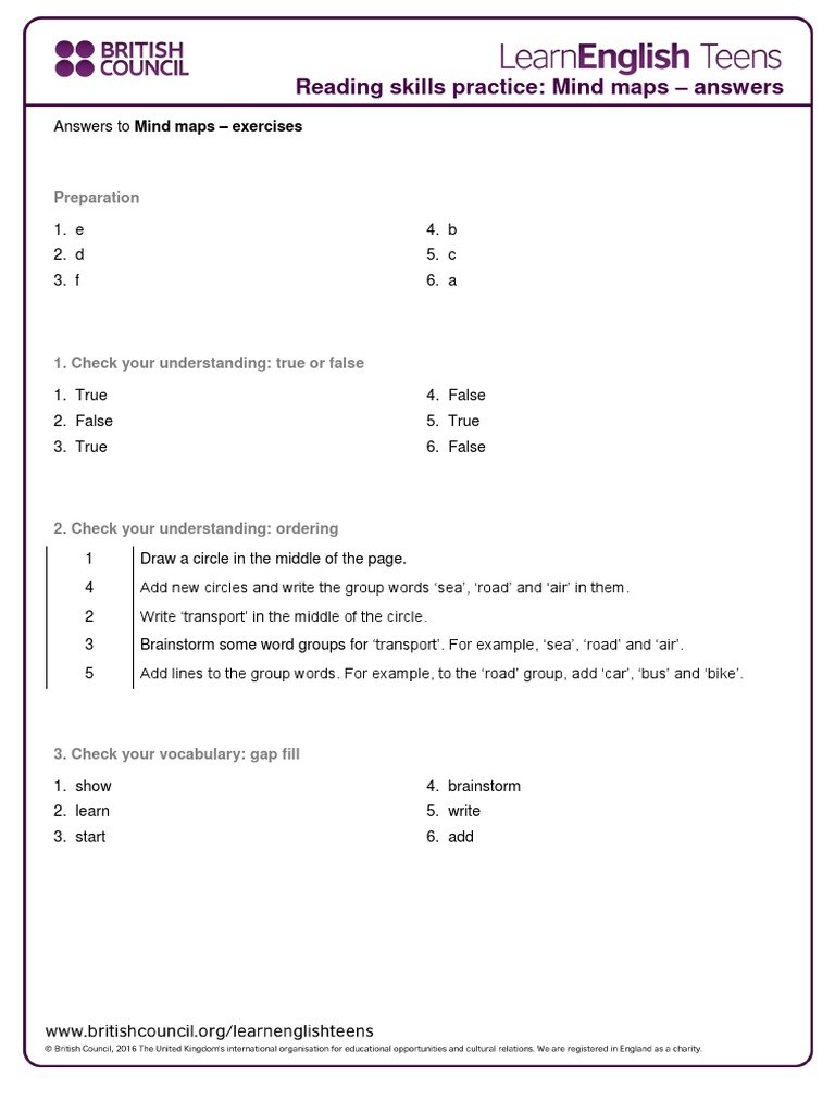 Reading Skills Practice: Mind Maps - Answers: - Exercises | PDF