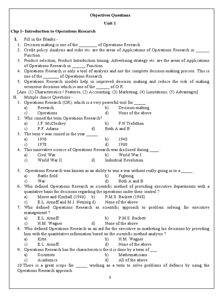 Objectives Questions Unit 1 CHP 1-Introduction To Operations Research I | PDF | Mathematical ...