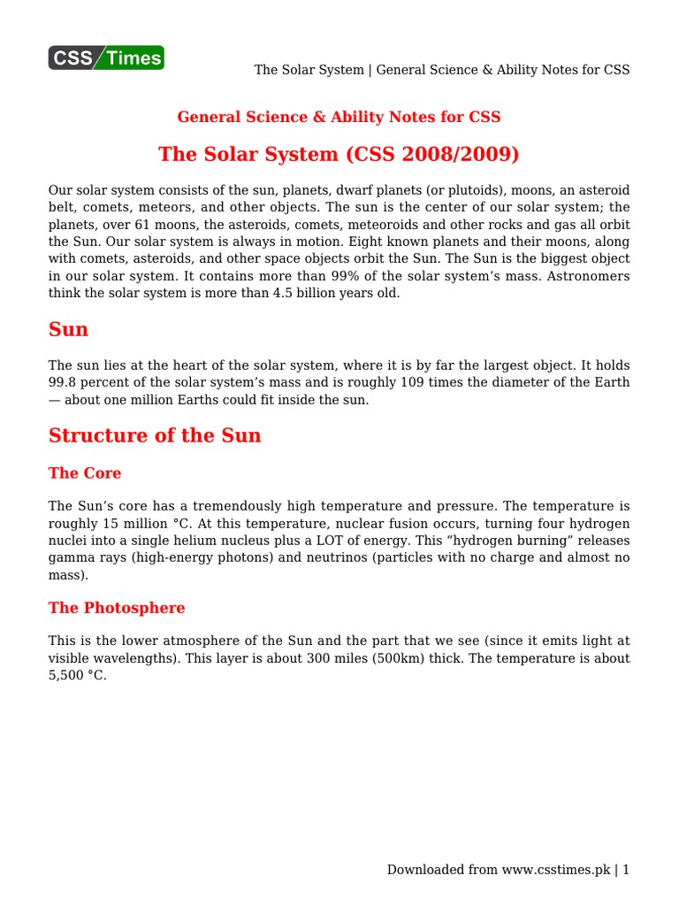 Solar System Overview for CSS Exams | PDF | Corona | Sun