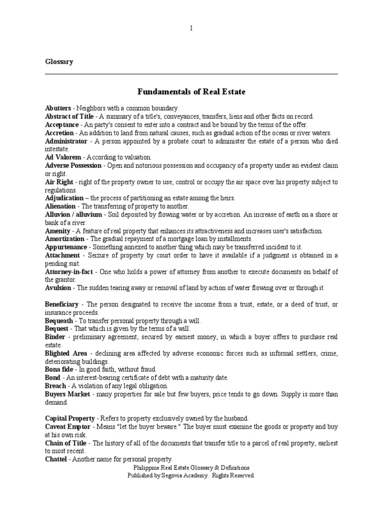 1.01 Glossary - Fundamentals PDF | PDF | Concurrent Estate | Deed