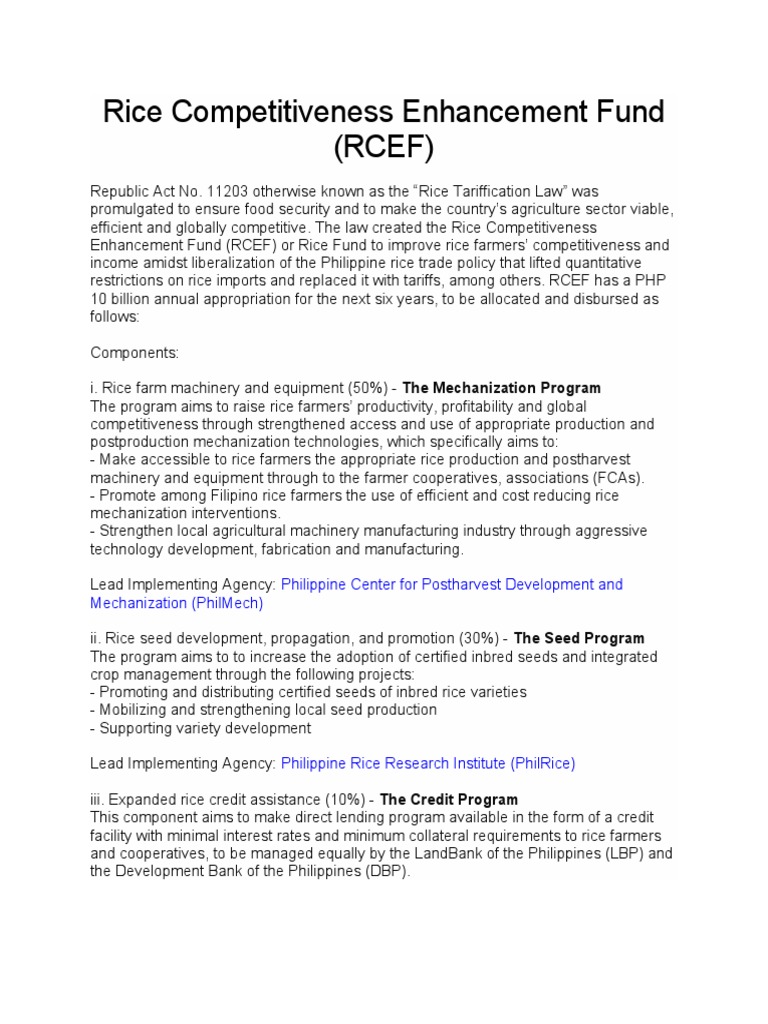 RCEF Provides Funding for Rice Farmers' Competitiveness | PDF | Rice ...