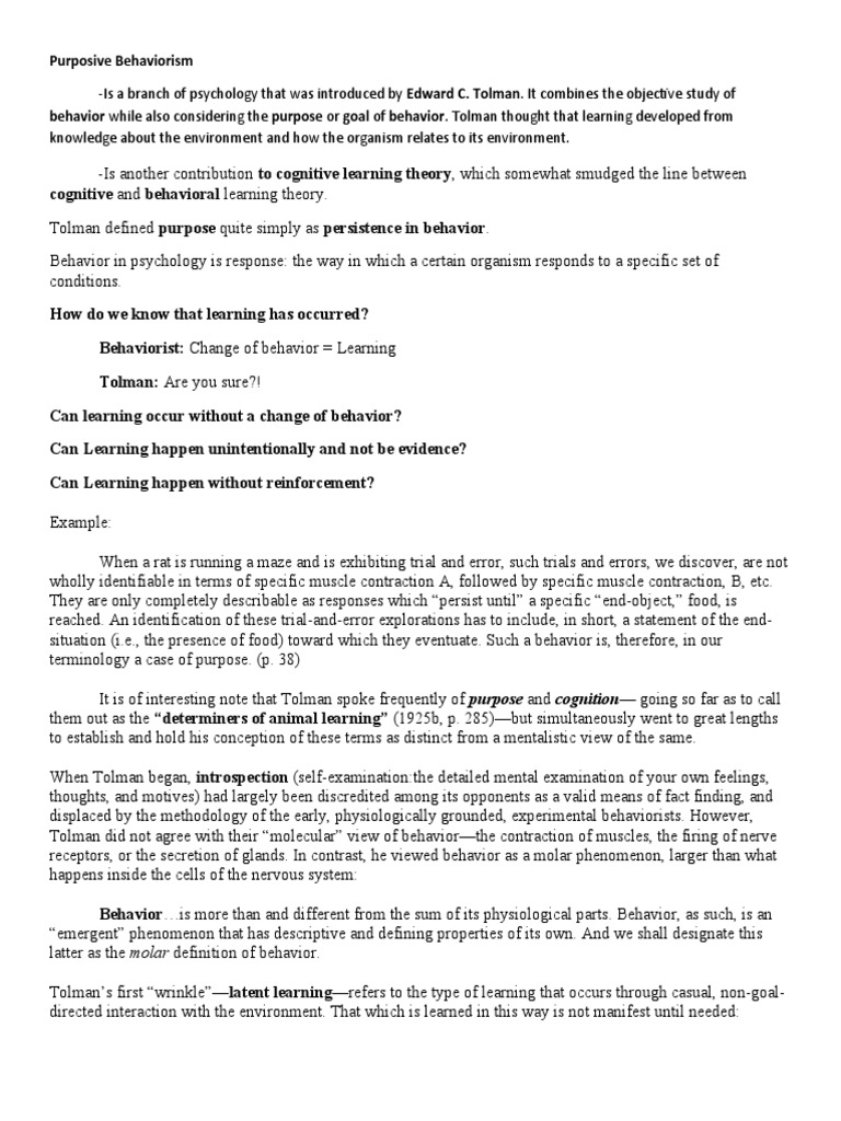 Purposive Behaviorism by Edward Chance Tolman | PDF | Behaviorism ...