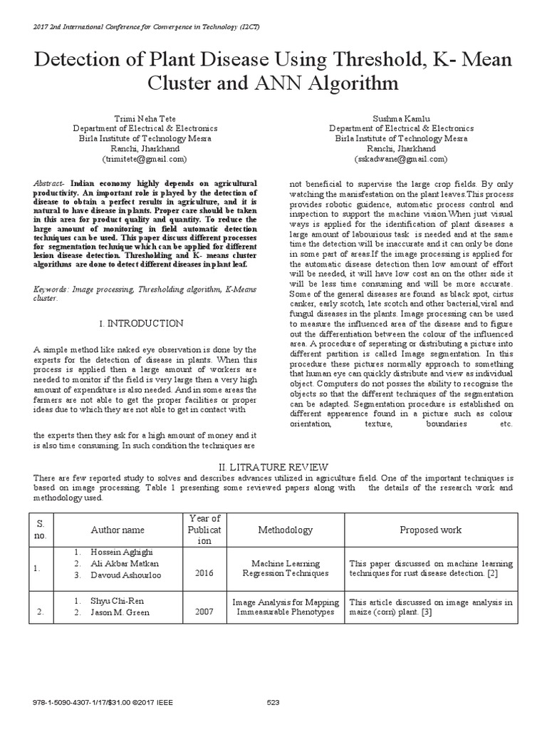 Detection of Plant Disease Using Threshold, K-Mean Cluster and ANN ...