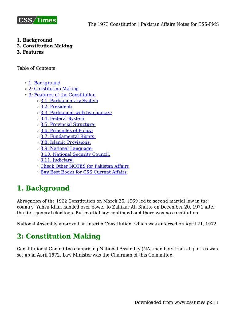 The 1973 Constitution - Pakistan Affairs Notes For CSS-PMS | PDF ...