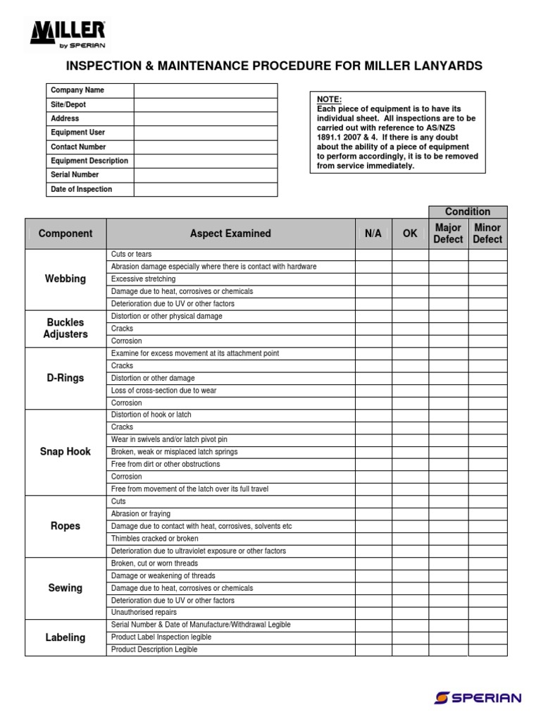 Miller Lanyard Inspection Procedure | PDF | Corrosion | Ultraviolet