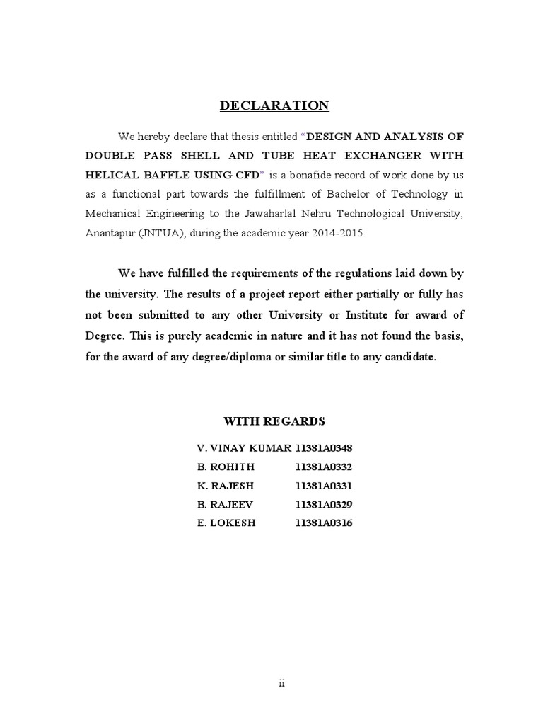 Declaration: Design and Analysis of Double Pass Shell and Tube Heat ...